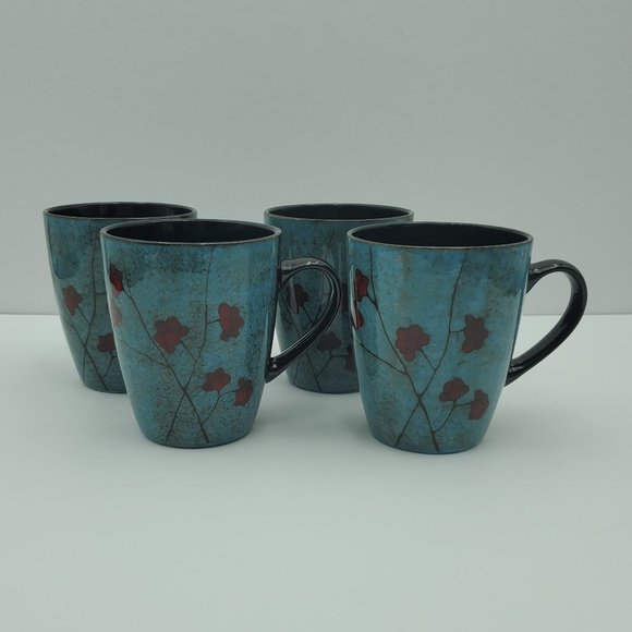 Elama | Dining | Elama Floral Accents Stoneware Mugs Red Flowers Black ...